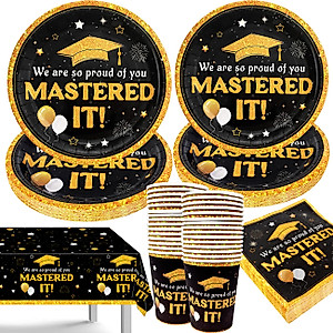 2024 Graduation Decorations Black and Gold Graduation Plates Class of 2024 Mastered It Disposable Paper Dinnerware Set for College High School Graduation Party Serve 30