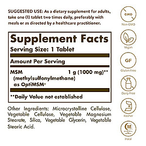 Solgar MSM 1000 mg, 120 Tablets - Supports Joints & Connective Tissue - Non-GMO, Vegan, Gluten Free, Dairy Free, Kosher, Halal - 120 Servings