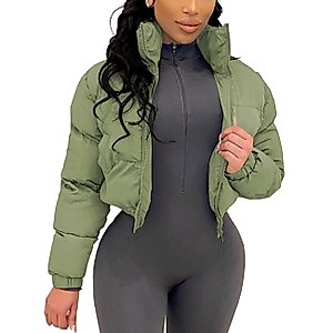 Alunzoem Womens Winter Jacket Long Sleeve Stand Collar Cropped Down Coat Outerwear Green XL