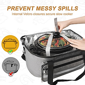 Kahami 2 Layer Slow Cooker Carrying Bag, Compatible with 6-8 Quarts Oval Crock-pot, Insulated Slow Cooker Travel Carrier with Lid Fasten Straps, Slow Cooker Bags for Family Gathering Travel, Gray