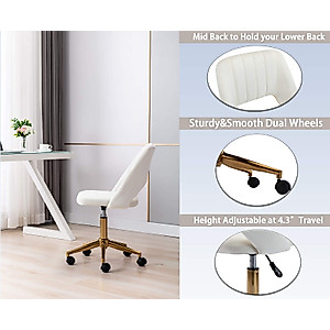 DM Furniture Velvet Office Desk Chair with Wheels, Mid Back Modern Home Office Chair Small and Cute for Bedroom, White with Gold Base