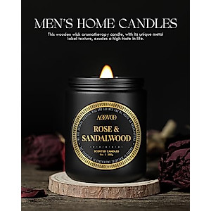 AOOVOO Scented Candles for Men - Rose & Sandalwood Candles for Home Scented | Crackling Wood Wick Soy Candles | Strong Fragranced Masculine Black Candle Gift for Women & Men, 9oz