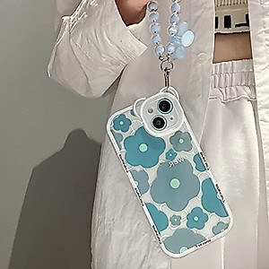 NITITOP Compatible for iPhone 13 Case Clear Floral Bear Camera Lens Case with Lovely Flower Bracelet Chain for Women Girls, Soft TPU Shockproof Cover-Blue