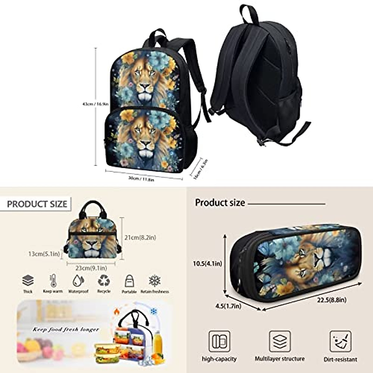 AmzPrint Lion Backpack And Lunch Box Rolling Backpack 18 Inch With Lunch Bag And Pencil Case Wheeled School Backpack For Boys And Girls