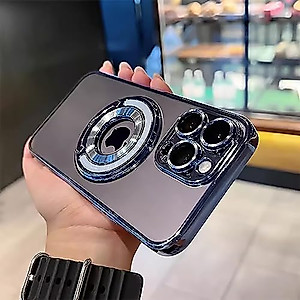 Uioeua Compatible with iPhone 14 Pro Max Magnetic Clear Kickstand Case,Luxury Plating Transparent Bracket MagSafe Case with Full Camera Lens Protector for iPhone 14 Pro Max-Sky Blue