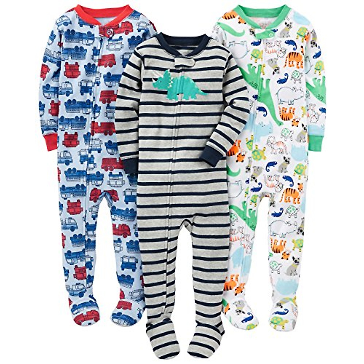 Simple Joys by Carter's Baby Boys' Snug-Fit Footed Cotton Pajamas, Pack of 3, Dinosaur/Firetruck/Animal, 12 Months