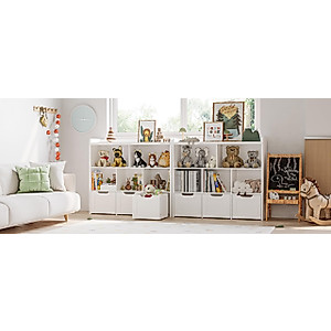 IRONCK Toy Storage Organizer with 3 Movable Drawers, Multifunctional Floor Storage Cabinet Toy Chest with 5 Storage Cubbies, Kids Bookcase for Boys and Girls, White