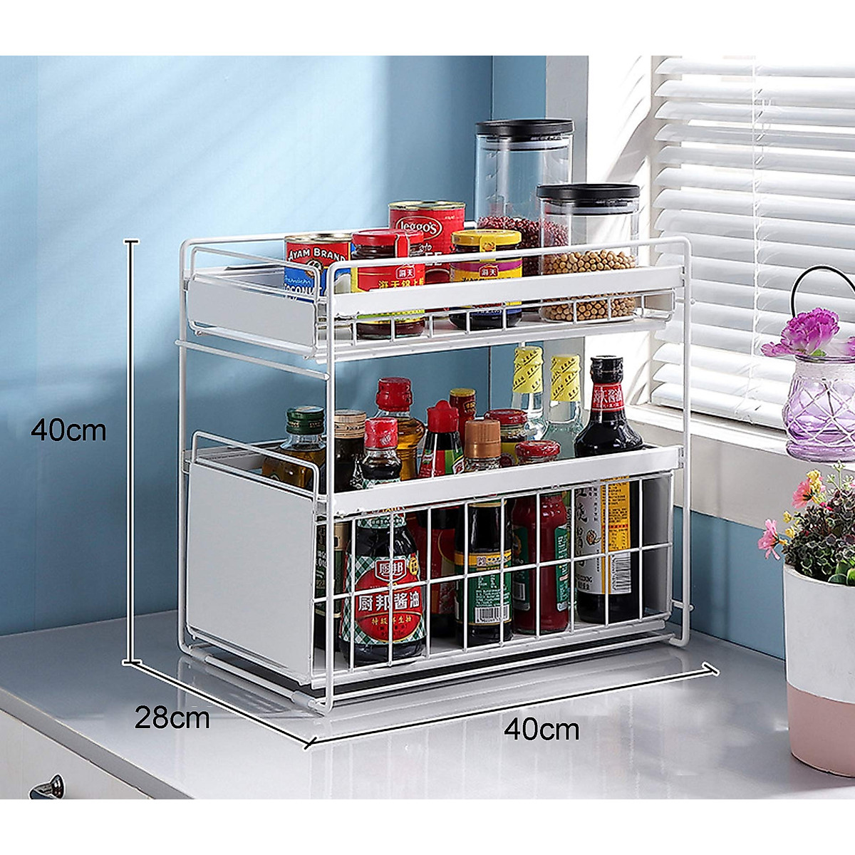 LEAYAN Under Sink Storage 2 Tier Drawer Organizer, Under Sink Storage Rack with Sliding Basket Drawer, Pull Out Drawers Under Sink, for Kitchen Bathroom Under Sink Rack Shelf, White 40 * 28 * 40cm