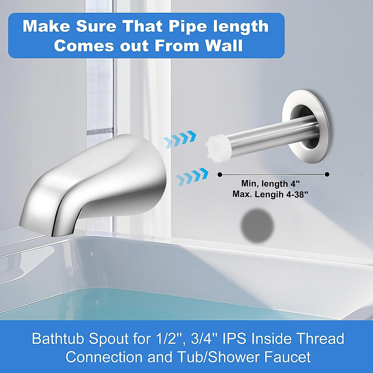Universal Bath Tub Spout with Adapter, Bathtub Faucet Spout Without Diverter, 5" Length Bathtub Spout for 1/2'', 3/4'' IPS Inside Thread Connection and Tub/Shower Faucet (Chrome)