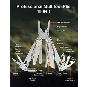 SUYIWEE Multitool 19-in-1 with Safety Lock, Professional 440A Stainless Steel Multi Tool Pliers Pocket Tool, Foldable Multitools with Nylon Sheath for Outdoors, Survival, Camping, Hiking, Repairing