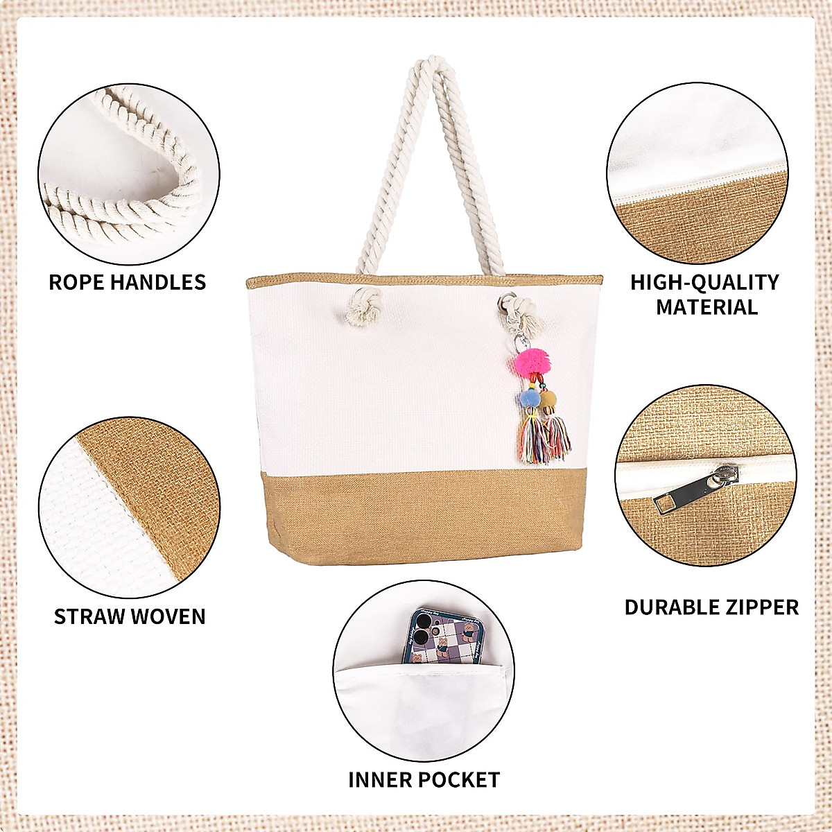 Genovega Extra Large Woven Straw Beach Tote Bag Sandproof for Women, Oversized XL Womens ladies Big Canvas Waterproof Totes Bags Zipper Pocket Best Gifts