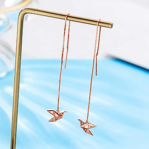 Origami Paper Crane Dangle Drop Earrings Sterling Silver Good Luck Tassel Threader Long Chain Ear Line Stud Earring Hypoallergenic for Women Girls (Rose Gold)