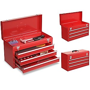 Goplus Tool Box, Portable 20” Tool Boxes with 3 Drawers, Top Tool Tray, Metal Lock Latch, Protective Liner, Auto Locking, Heavy Duty Steel Toolbox for Garage, Workshop, Mechanic