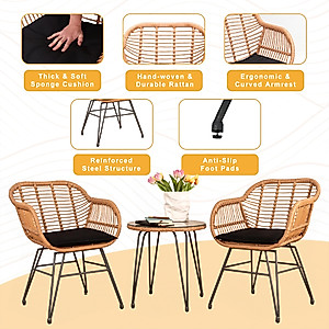 Tappio 3 Piece Outdoor Wicker Furniture Patio Bistro Set, Balcony Furniture Rattan Conversation Sets, Outdoor Patio Chairs Set for Porch Poolside Garden, Black