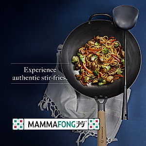 Mammafong Traditional Hand Hammered Pre-seasoned Round Bottom Carbon Steel Wok Set with Wok Spatula and Bamboo Brush (14 inch preseasoned wok set)…