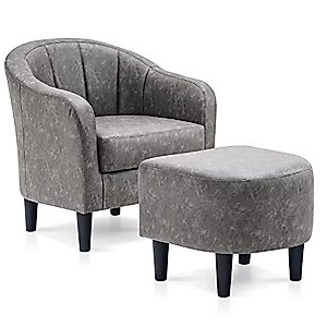 MCombo Modern Accent Club Chair, Tub Barrel Chair with Ottoman, Faux Leather Arm Chair with Round Legs, Single Sofa Chair for Living Room Bedroom Small Space 4022 (Grey)