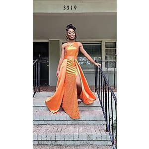 One Shoulder Sequin Prom Dresses Long Satin Ball Gowns for Women Sparkly Mermaid Formal Evening Dress with Slit Hot Pink (US20)