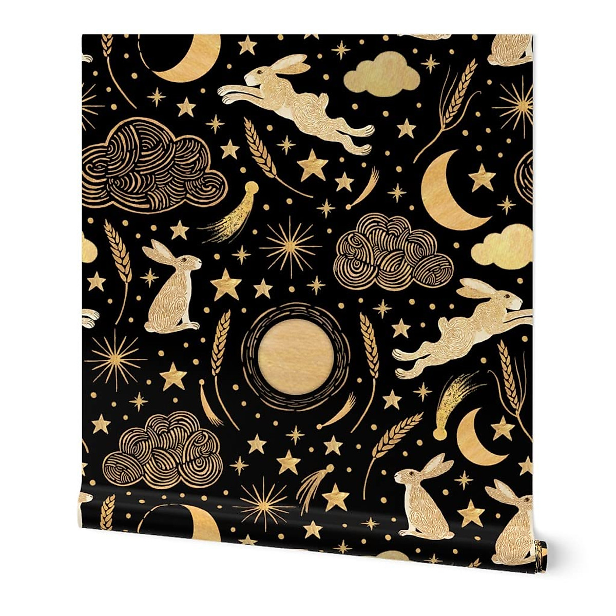 Peel & Stick Wallpaper 6ft x 2ft - Moon Hares Golden Black Stars Clouds Gold Night Custom Removable Wallpaper by Spoonflower