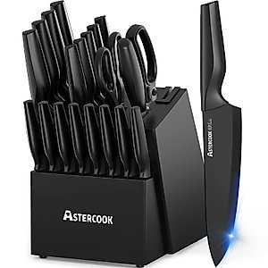 Knife Set, Astercook 21 Pieces Knife Sets for Kitchen with Block, Dishwasher Safe Kitchen Knife Set with Built-in Sharpener, German Stainless Steel Black Knife Block Set
