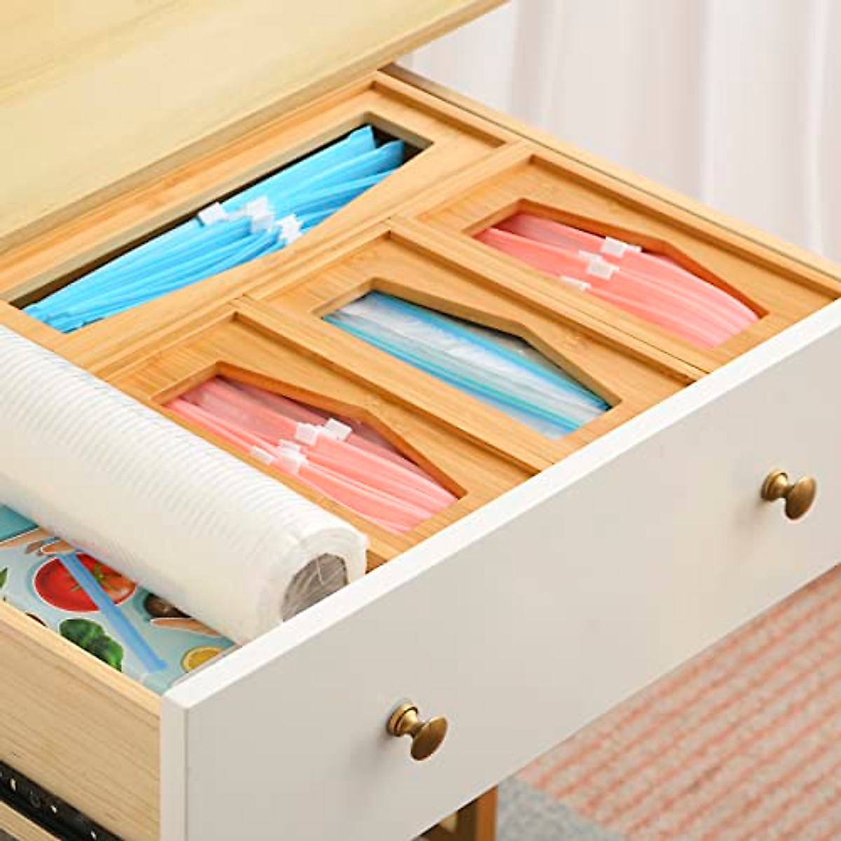 Baggie Organizer For Drawer | Bamboo Storage Containers, Fits Gallon Ziploc Bags, Saran Wrap, Foil Aluminum Roll, Plastic Bag Organizer | Kitchen Storage Containers Drawer Organizer Kitchen Utensils