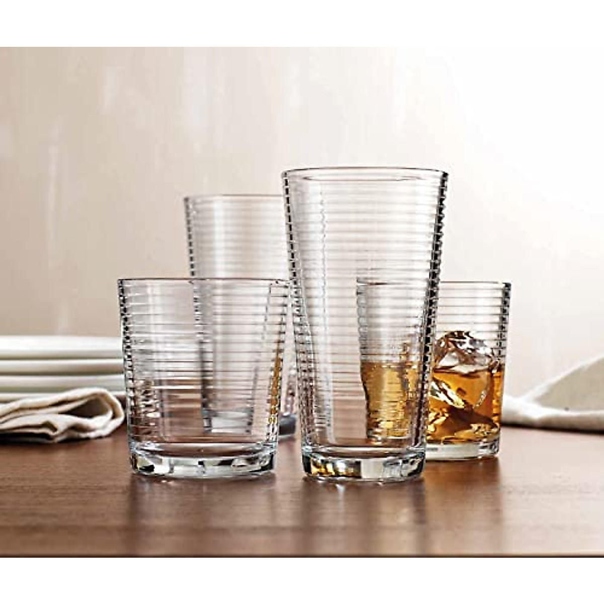 Drinking Glasses - Set of 8 Glass Cups, 4 Highball Glasses (17oz) 4 Rocks Glasses (13oz) Ribbed Glasses for Mixed Drinks, Water, Juice, beer, Wine, Excellent Gift!