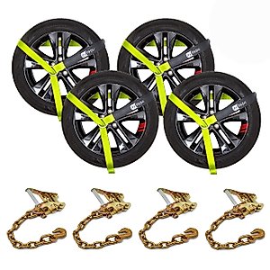 RYTASH Green Car Tie Down Straps with Chain Anchors - 4 Pack of Car Hauling Straps - 2 inch x 96 inch Lasso Tire Strap - Tire Tie Down Straps for Car, Truck, Trailer, UTV - 10,000 Pound Break Strength