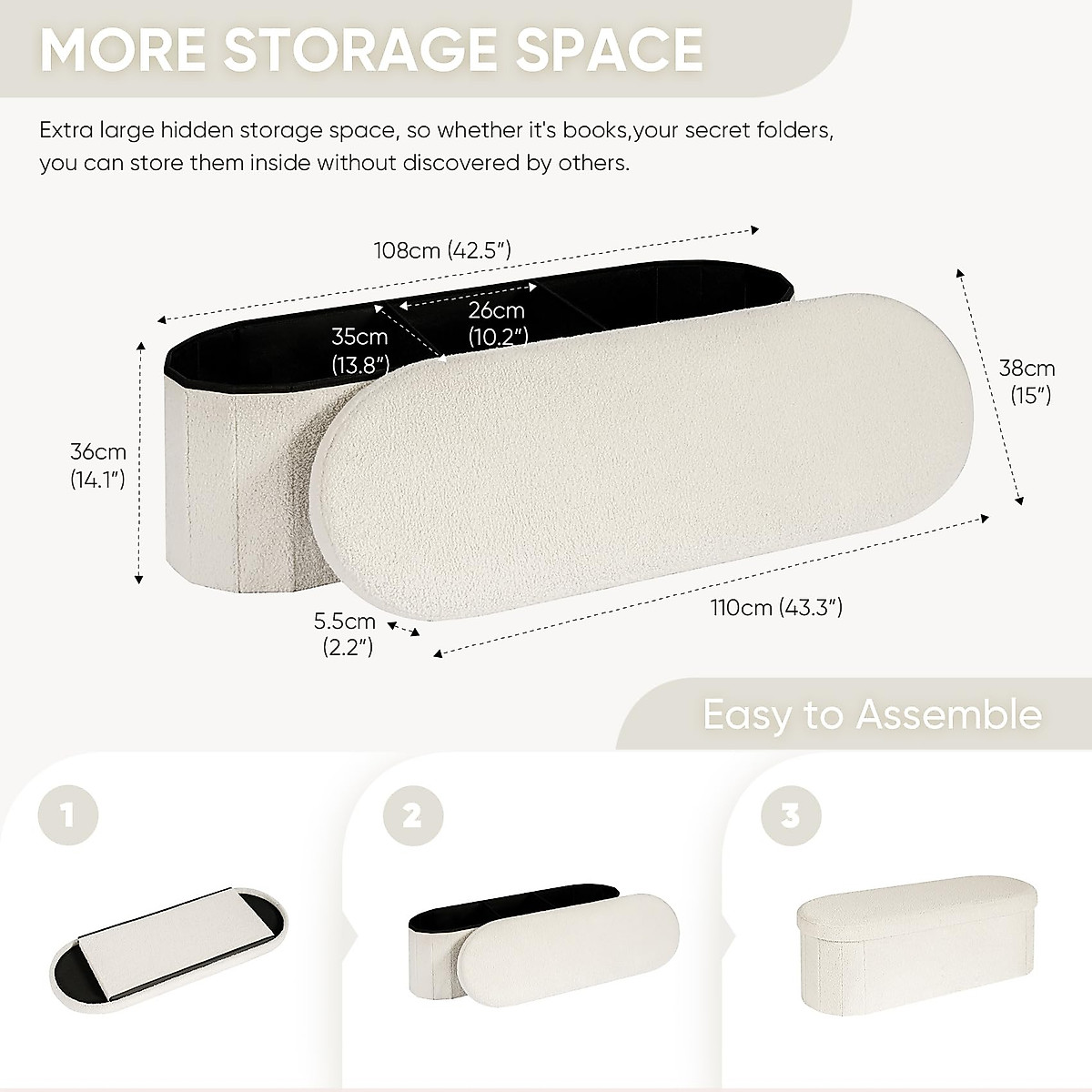 B FSOBEIIALEO Ottoman with Storage for Living Room, Sherpa Folding Storage Ottoman Foot Rest, 43.3 Inches Collapsible Bedroom Bench White