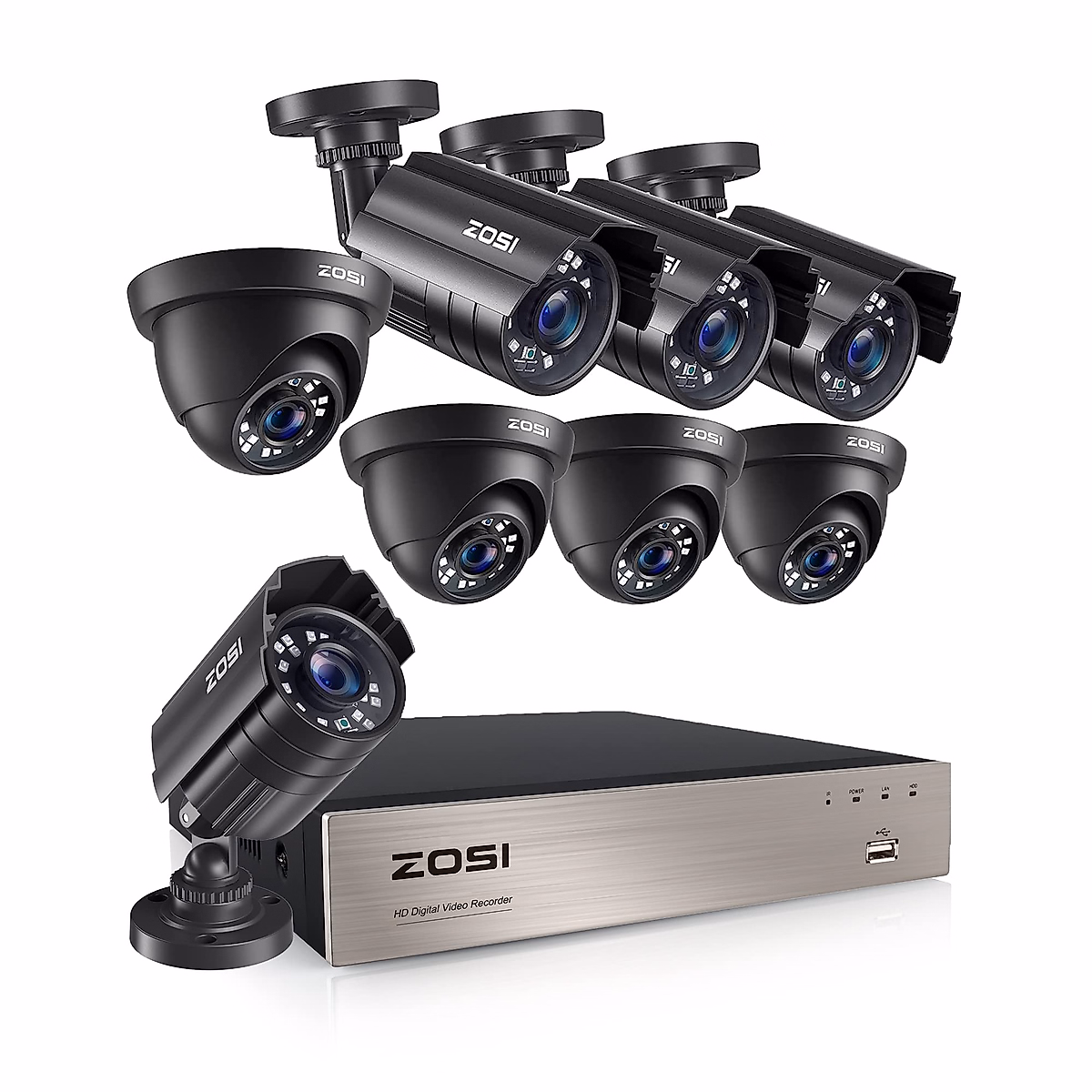 ZOSI 1080p Home Security Camera System Indoor Outdoor, 8 Channel 1080P HD CCTV DVR Recorder and 8 x 1080p Weatherproof Surveillance Bullet Dome Camera, Remote Access, Motion Detection (No Hard Drive)