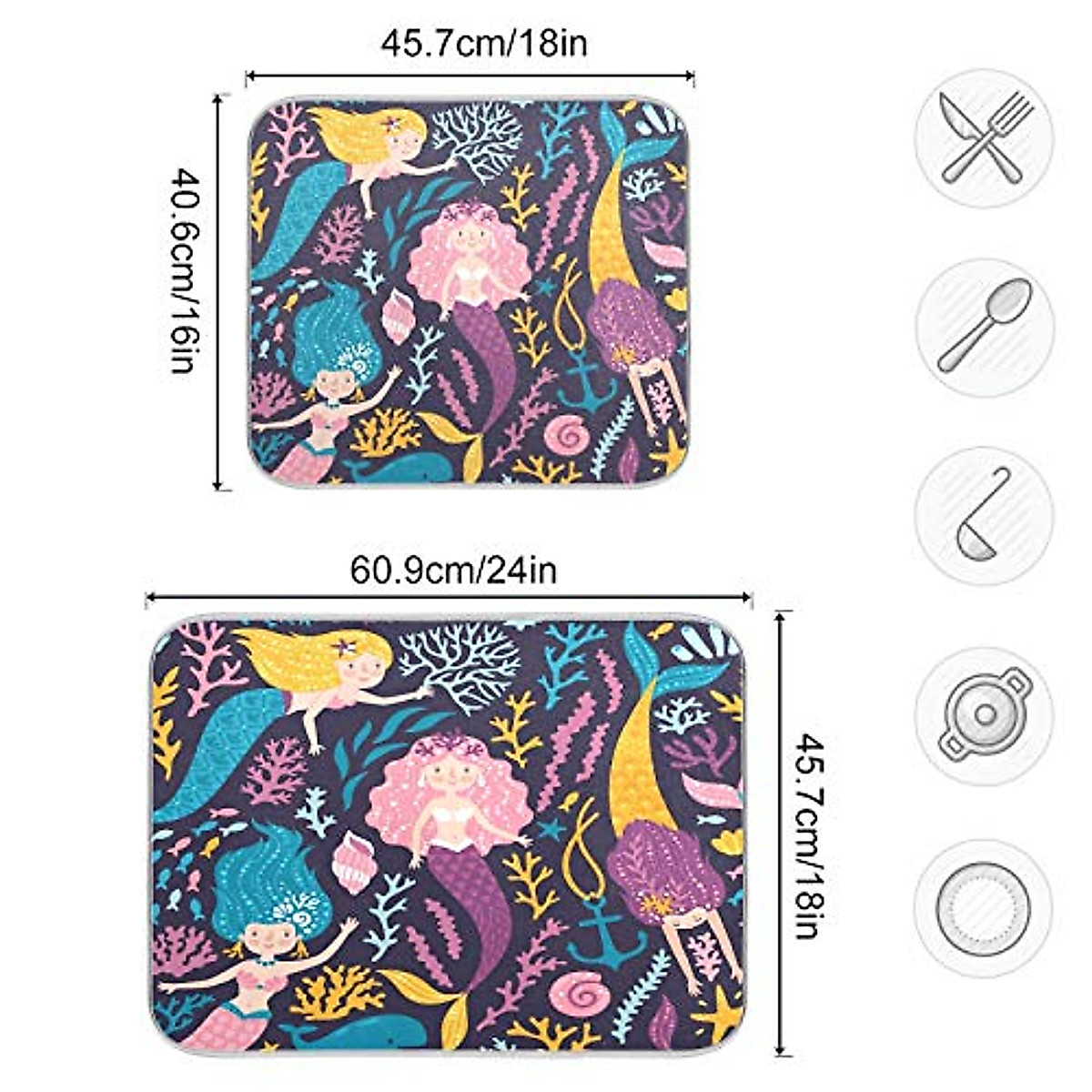 Cute Mermaids Whale Corals Seaweed Dish Drying Mat 24"x18" Absorbent Machine Washable Hanging Fast Dry Pad Dish Protective Mat for Kitchen Countertop Heat Resistant Dinner Table Mat