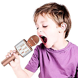 OVELLIC Karaoke Microphone for Kids, Wireless Bluetooth Karaoke Microphone with LED Lights, Portable Handheld Mic Speaker Machine, Great Gifts Toys for Girls Boys Adults All Age (Rose Gold)