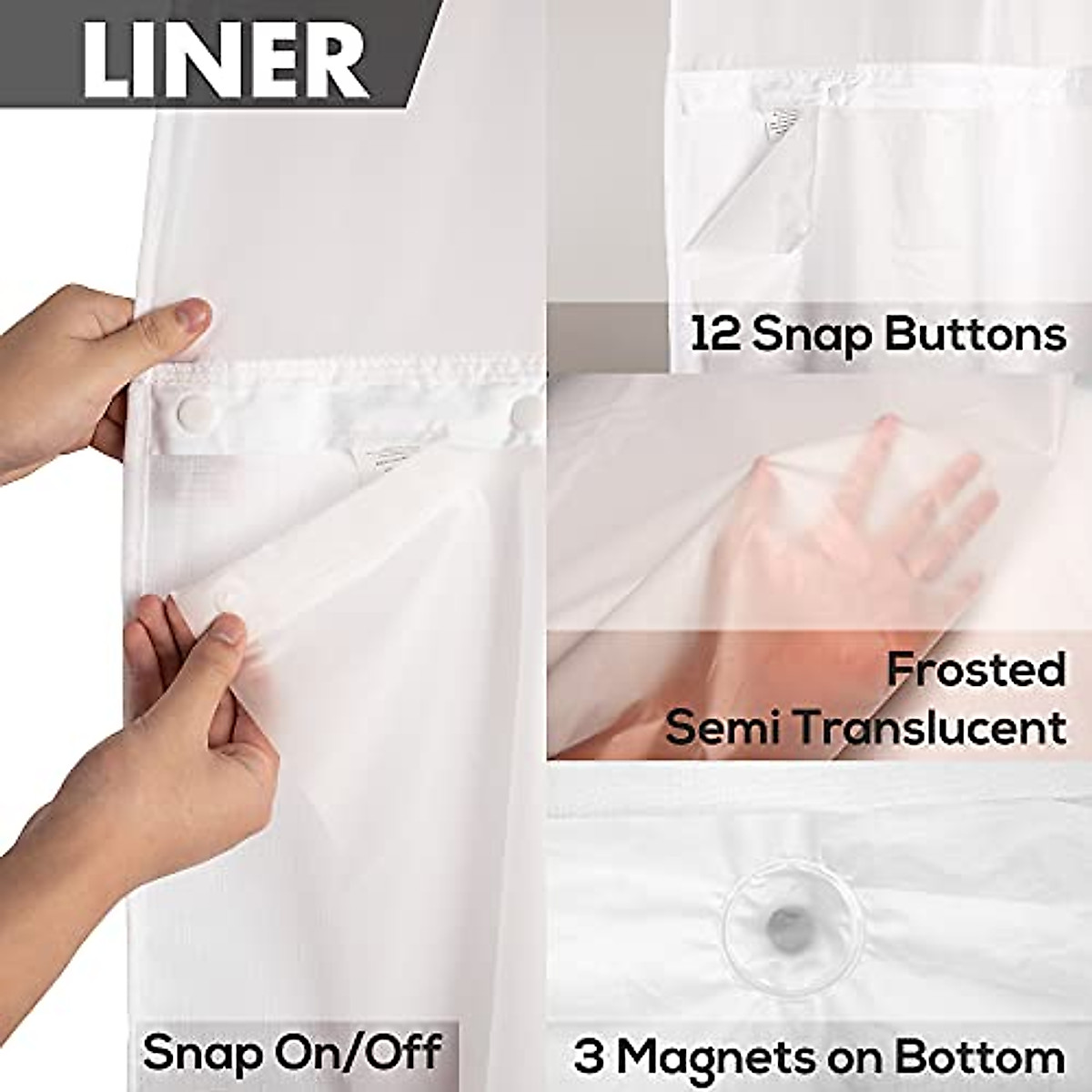 No Hook Slub Textured Shower Curtain with Snap-in PEVA Liner Set - 71" x 74"(72"), Hotel Style with See Through Top Window, Fabric Outer Curtain & Waterproof Inner Liner, White, 71x74