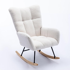 Lepfun, Soft Teddy Velvet Fabric Rocking Chair for Nursery, Comfy Wingback Glider Rocker with Safe Solid Wood Base for Living Room Bedroom and Balcony,Easy to Assemble,White