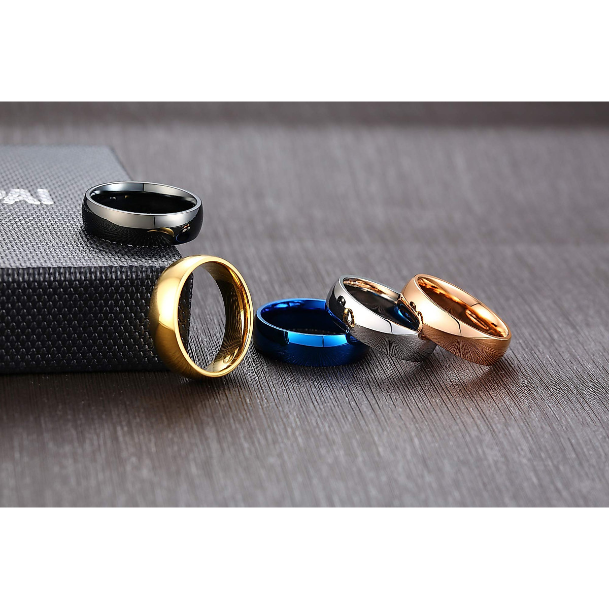 MZZJ Couple Jewelry Pinky Promise Distance Matching Ring His Hers Wedding Band 8MM&6MM Black Rose Gold Plated High Polish Stainless Steel Initial Rounded Dome Wedding Band Set