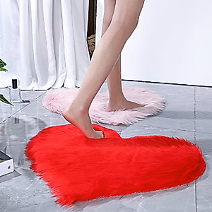2 Pieces Valentine's Day Fluffy Faux Area Rug Heart Shaped Rug Fluffy Room Carpet 20 x 24 Inch Long Plush Room Carpet Entrance Welcome Mat Carpet for Home Living Room Sofa Floor Decorative Red Pink