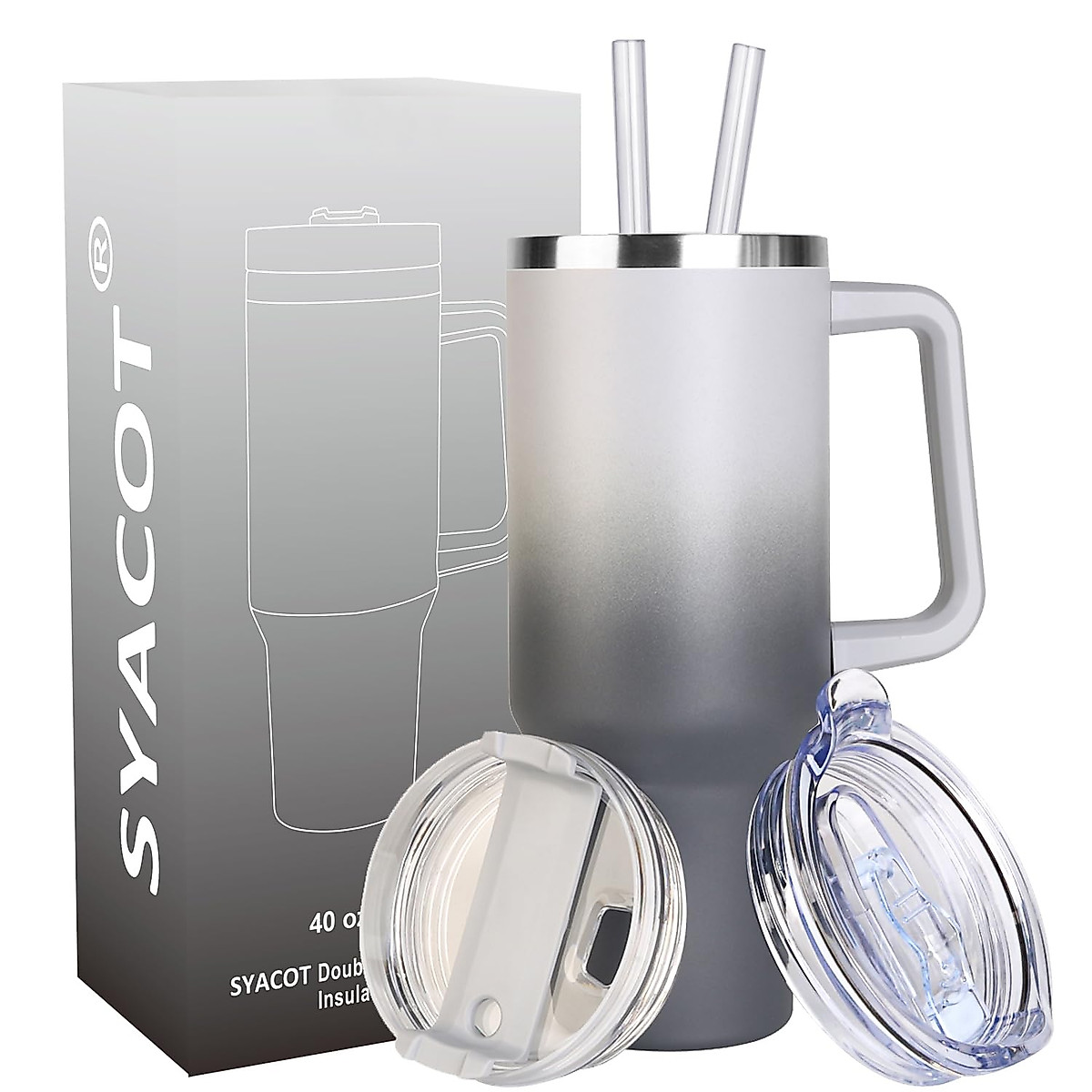 SYACOT 40 oz Tumbler with Handle and Straw Stainless Steel Insulated Tumbler Leak Proof Lid and Straw Lid Reusable Travel Mug Coffee Mug Cup Dishwasher Safe Keep Drinks Cold and Hot (Grey&Black)