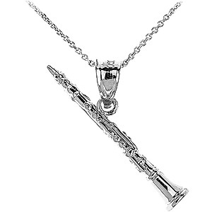 .925 Sterling Silver Dangling Music Charm Woodwind Clarinet Pendant Necklace with Rolo Chain - 16"