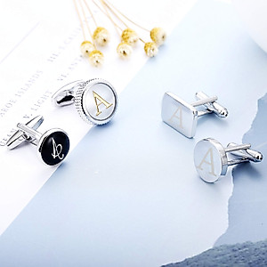 LOYALLOOK 4Pairs Initial A Men's Initial Letter Shirts Cufflinks Engraved Shirt Cufflink Alphabet Set Fashion Dazzle Tuxedo Cufflinks Business Wedding Father's DayGift