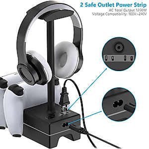 PS5 Controller Charger with USB Charging Ports and AC Outlets, RGB DualSense Charging Station Dock for Dual Ps 5 Controller with Headset Holder