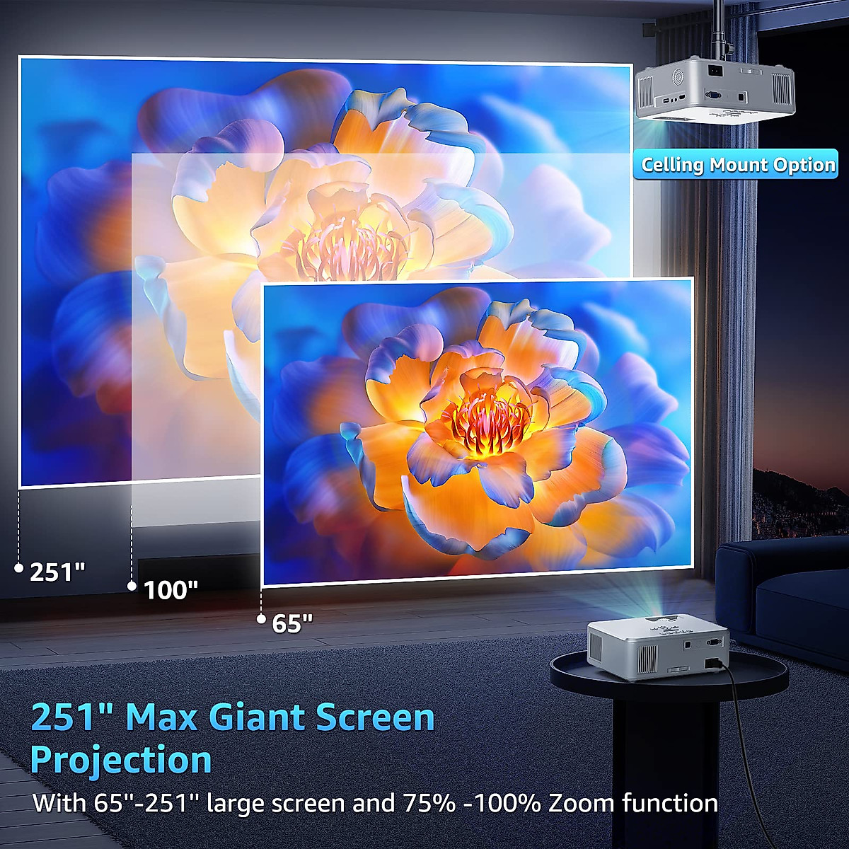 Projector with WiFi and Bluetooth, 5G WiFi Native 1080P Movie Projector, 9800L 4K Supported Portable Outdoor Projector, Pericat Home Theater Projector Compatible with TV Stick, Phone, Laptop