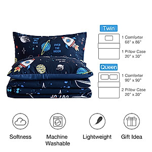 beeweed 3 Piece Kid Comforter Set Queen Size, Space Rocket Bedding Set for Teen Boys Girls