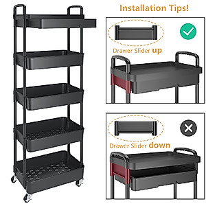 Calmootey 5-Tier Rolling Utility Cart with Drawer,Multifunctional Storage Organizer with Plastic Shelf & Metal Wheels,Storage Cart for Kitchen,Bathroom,Living Room,Office,Black