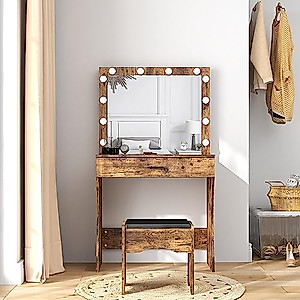 Vanity Desk with Mirror and Lights, Vanity Set Makeup Vanity Table with Adjustable Lights One Drawer Storage Makeup Table with Stool Vanity Desk for Bedroom (Brown)