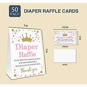 Yuansail Diaper Raffle Tickets For Baby Shower, Crown pink Themed Cards,Party Favors For Baby Showers Game Cards, 1 Sign & 50 Cards Per Pack – (019-niaobu)