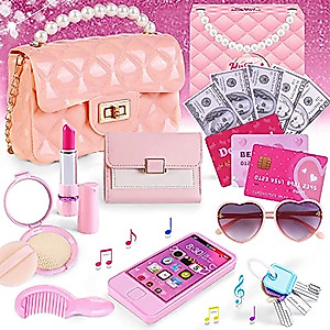 Princeplay Purse Makeup Toys For Girls - Toddlers Kids Bag Cute Baby Little Pink Cell Phone Cosmetic Lipsticks Princess Play Money Jewelry Credit Card Accessories Birthday Gifts 3 4 5 6 7 8+ Years Old