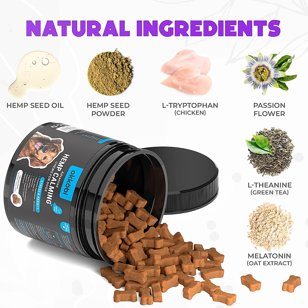 OKKÖBI Hemp Calming Chews for Dogs Anxiety 150 pcs - Dog Anxiety Relief - Dog Calming Chews - Melatonin for Dogs - for Stress, Travel, Check-up, Barking or Grooming - Dog Calming Treats