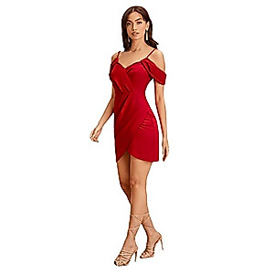 SweatyRocks Women's Elegant Short Sleeve Cold Shoulder Dress Wrap Bodycon Mini Dresses Red S