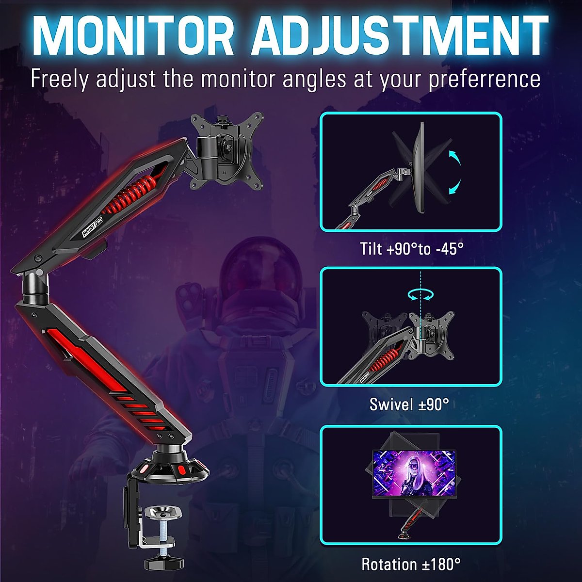 MOUNT PRO Single Gaming Monitor Stand - Mechanical Spring Monitor Mount, Adjustable Gaming Monitor Arm with C Clamp and Grommet Mounting Base - Fits for Computer Screen up to 32”, VESA 75x75, 100x100
