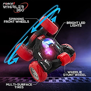 Force1 Whirler 360 Stunt Car Mini RC Car for Kids - Fast Mini Stunt 5 Wheels LEDs 360 Flips Standing Rotating Small RC 2.4 GHZ Rechargeable Remote Control Toy Vehicle for Boys Girls - Red/Black