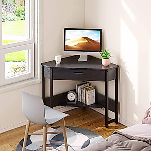 ODK Corner Desk, Triangle Computer Desk Corner Vanity with Large Drawer & Storage Shelves, Corner Writing Desk for Workstation