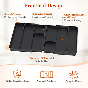 Lifewit Large Utensil Organizer for Kitchen Drawer, Expandable to 36 Inches Wide, Adjustable Cooking Silverware Tray, Plastic Cutlery Flatware Holder, Spatula Tools and Gadgets Storage Divider, Black